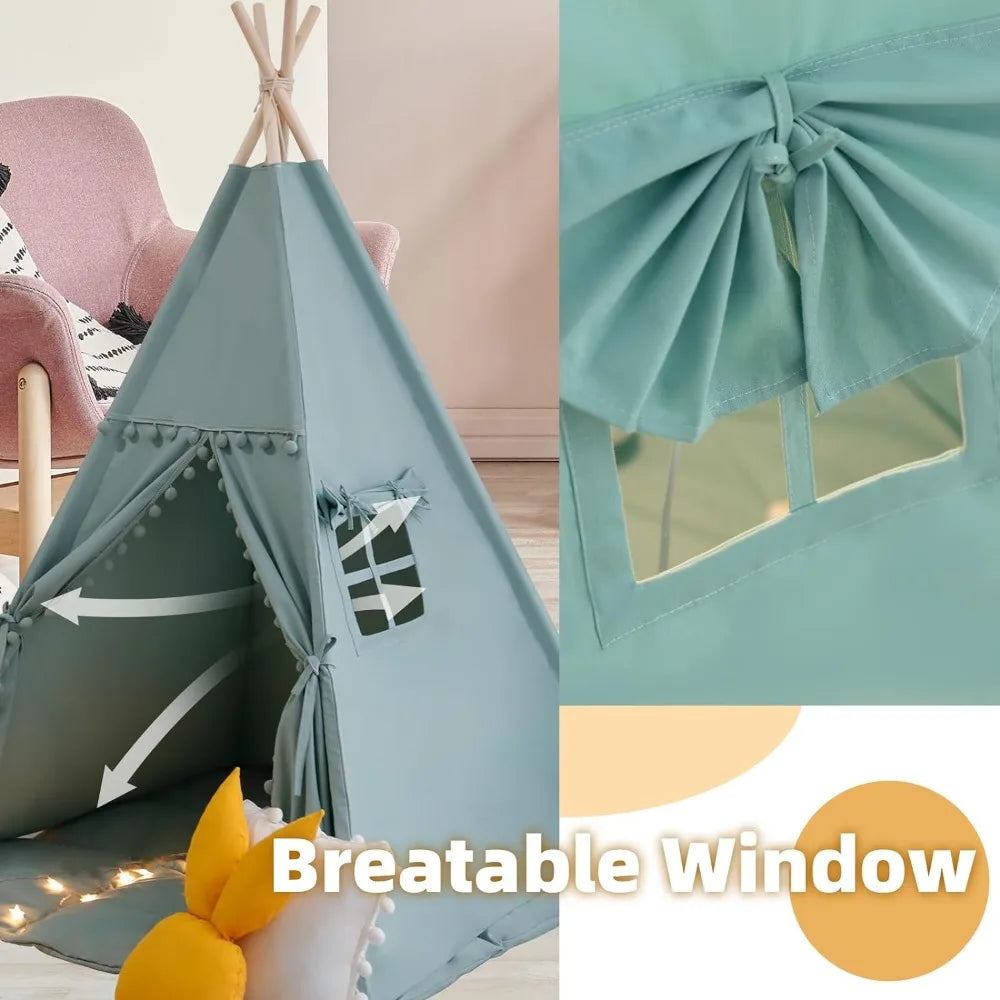 Teepee Tent for Kids with Mat, Star Lights, Cotton Canvas Playhouse ...