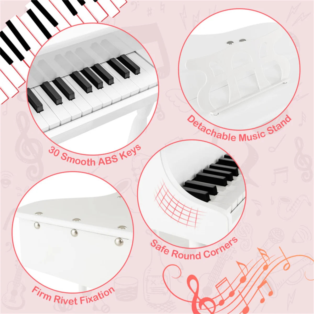 White Kids Piano 30-Key Keyboard Toy with Bench Piano Lid and Music Ra ...