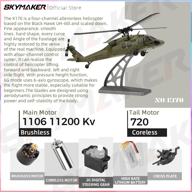 WLtoys RC Helicopters Brushless Motor k170 UH-60L 2.4Ghz 4CH 6-Aixs Gy ...