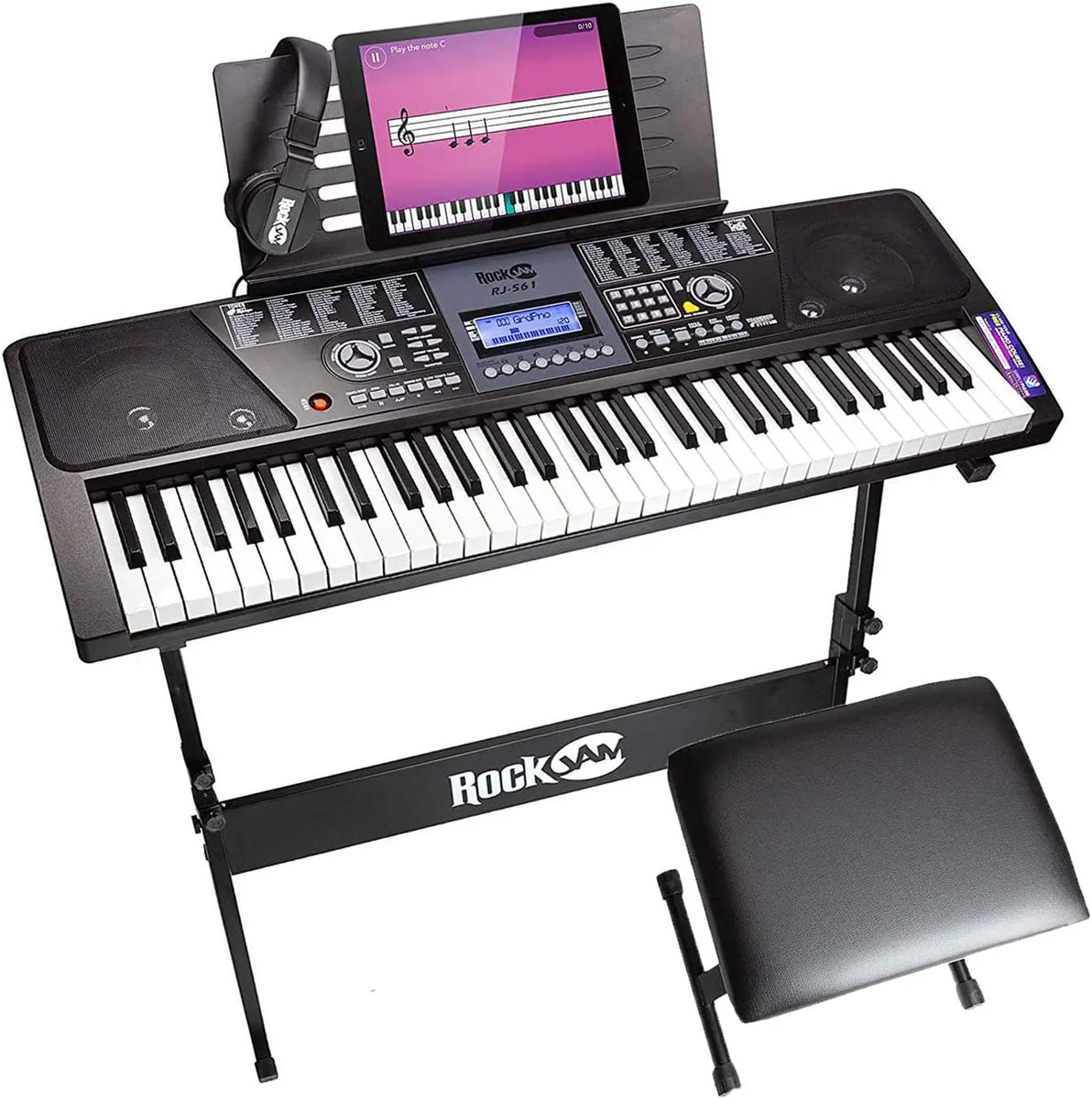 RockJam 61 Key Keyboard Piano With LCD Display Kit, Stand, Bench, Head ...